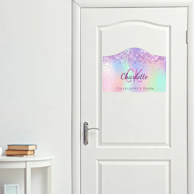 Purple pink glitter dust holographic monogram name door sign | Zazzle