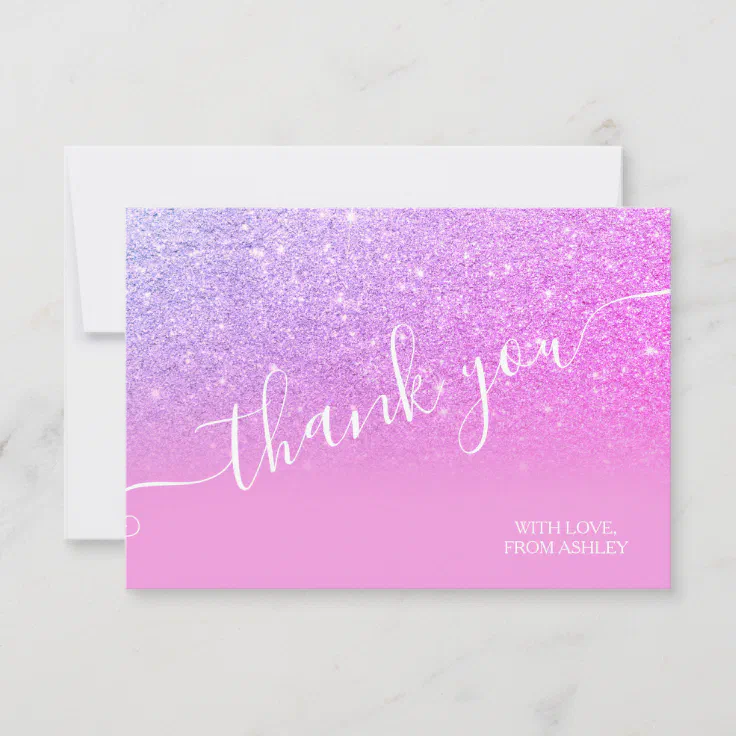 Purple pink glitter ombre sparkle script thank you | Zazzle