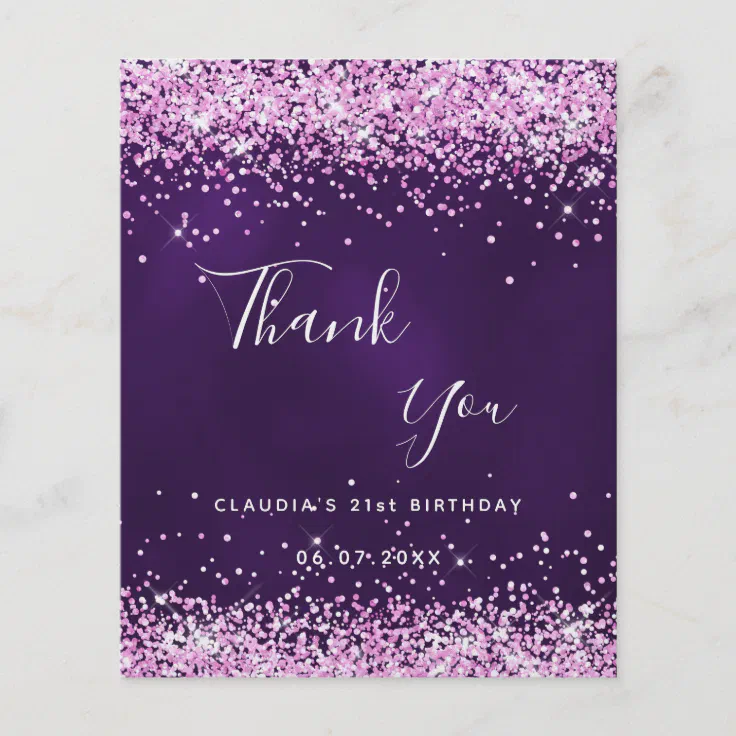 Purple pink glitter sparkle budget thank you note flyer | Zazzle