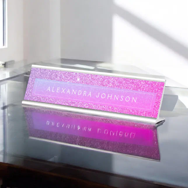 Purple Pink Glitter Sparkle Girly Modern Desk Name Plate | Zazzle