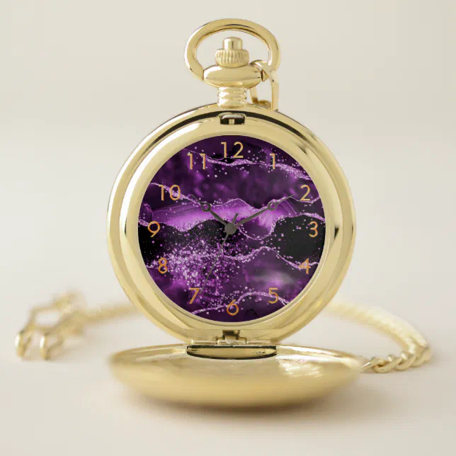 Purple pink gold agate marble pocket watch | Zazzle