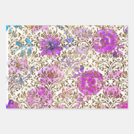 Purple Pink gold damask lace floral Wrapping Paper Sheets | Zazzle