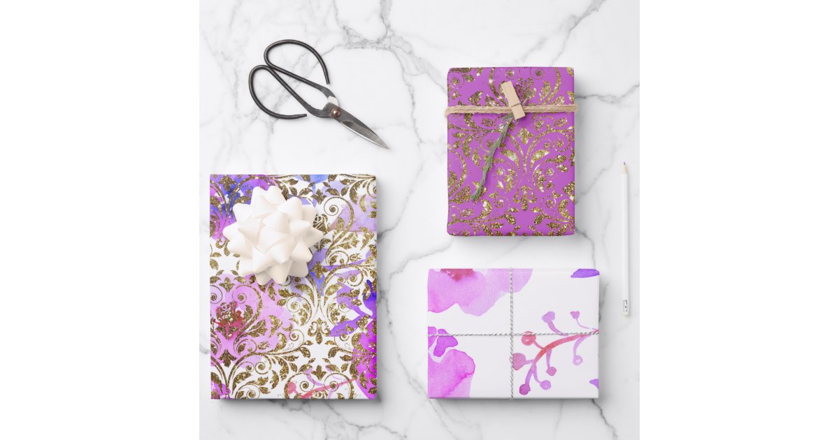 Purple Pink gold damask lace floral Wrapping Paper Sheets | Zazzle