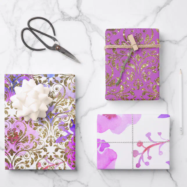 Purple Pink gold damask lace floral Wrapping Paper Sheets | Zazzle