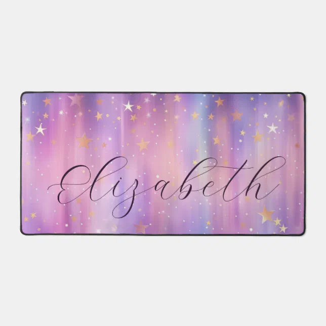 Purple Pink Gold Star Shimmer Script Personalized Desk Mat | Zazzle