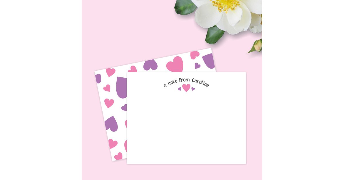 Purple & Pink Hearts Cute Girly Note Card | Zazzle