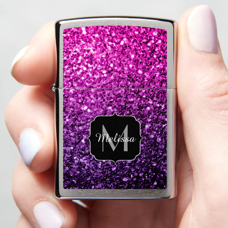Purple Pink Ombre faux glitter sparkles Monogram Zippo Lighter | Zazzle