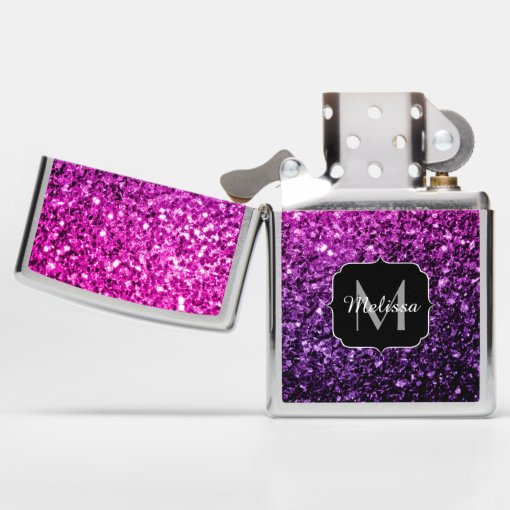 Purple Pink Ombre faux glitter sparkles Monogram Zippo Lighter | Zazzle