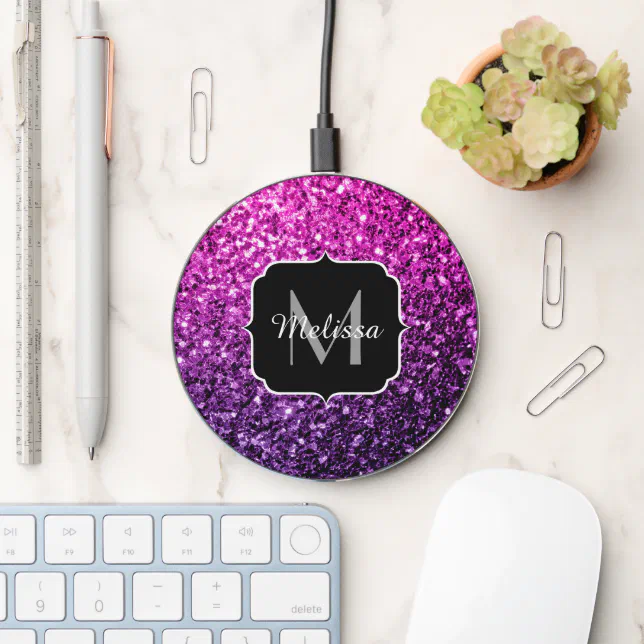 Purple Pink Ombre faux shiny glitter sparkles Wireless Charger | Zazzle