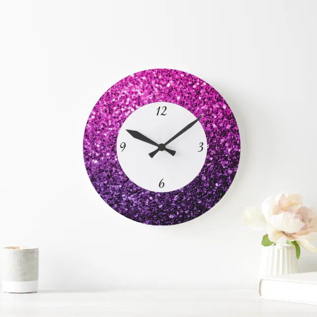 Purple Pink Ombre glitter sparkles with numbers Large Clock | Zazzle