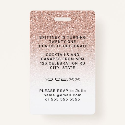 Purple Pink Ombre Glitter VIP Pass Party Invite Badge | Zazzle