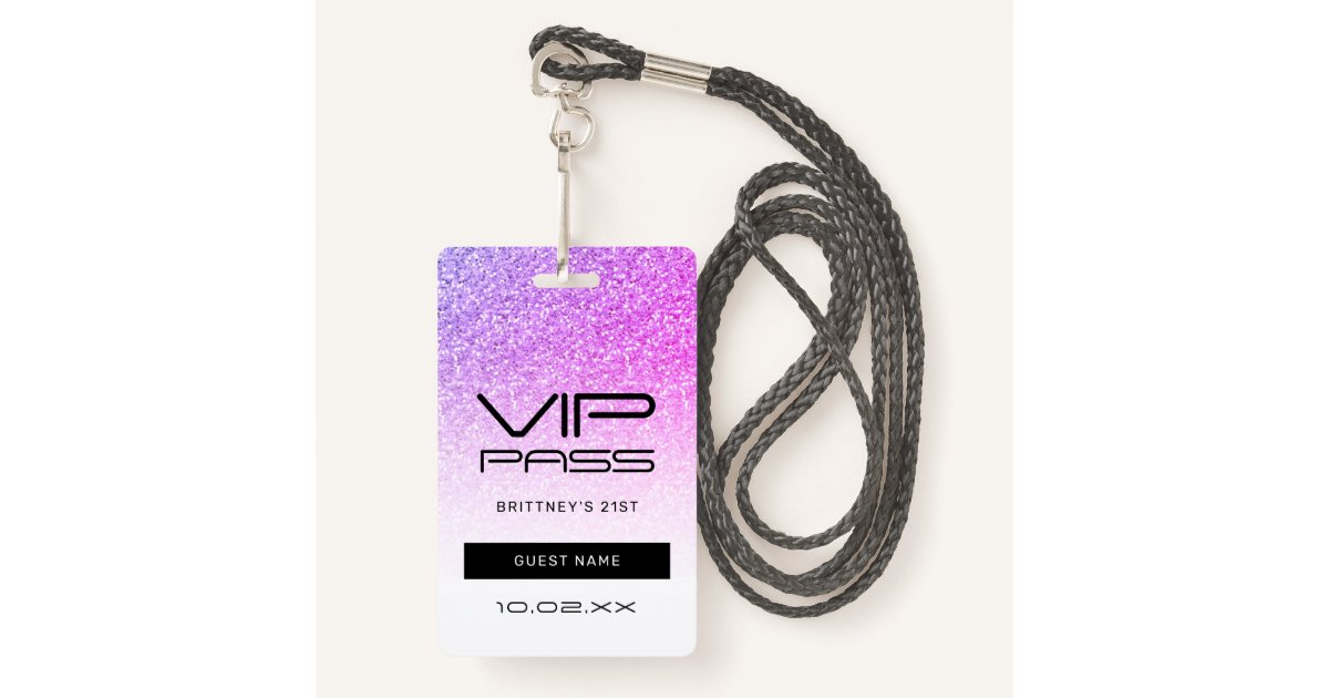 Purple Pink Ombre Glitter VIP Pass Party Invite Badge | Zazzle