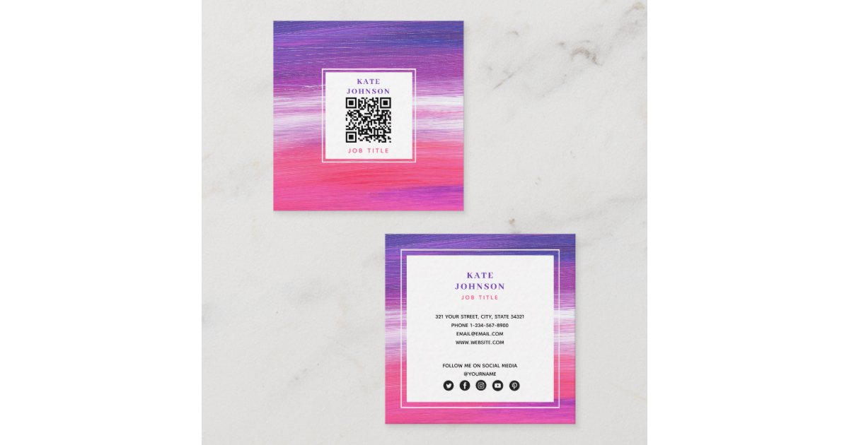Purple Pink Painted Abstract QR Code Social Media Square Business Card ...