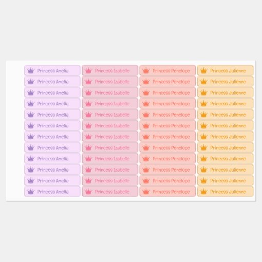 Purple Pink Peach Yellow Princess Crown Name Labels | Zazzle