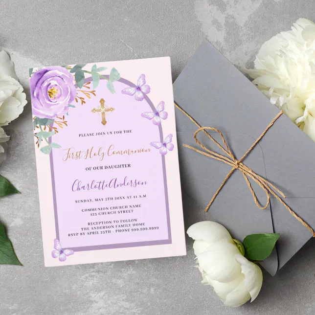 Purple pink rose butterflies arch First Communion Invitation | Zazzle