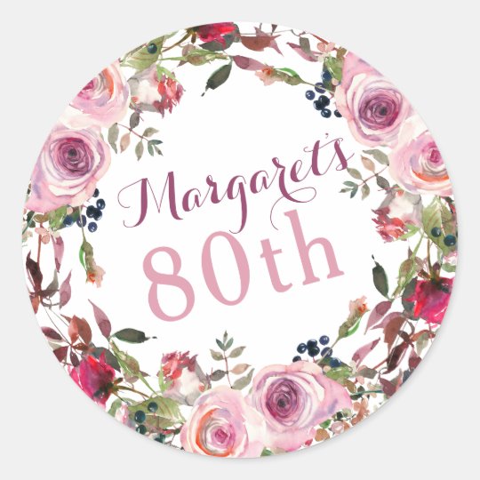 Purple Pink Rose Floral 80th Birthday Classic Round Sticker | Zazzle.com