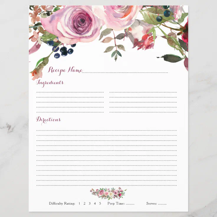 Purple Pink Rose Floral Binder Recipe Inserts | Zazzle