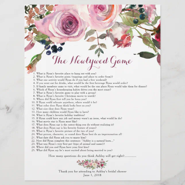 Purple Pink Rose Floral Bridal Shower Games Flyer | Zazzle
