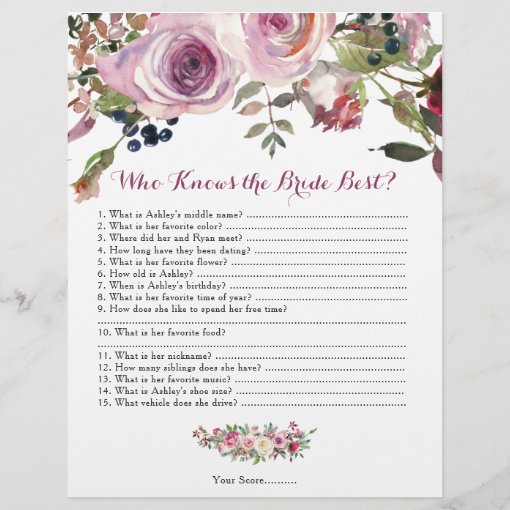 Purple Pink Rose Floral Bridal Shower Games Flyer | Zazzle