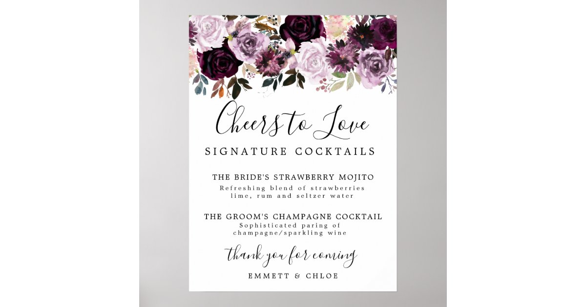 Purple Pink Rose Signature Cocktails Wedding Sign | Zazzle