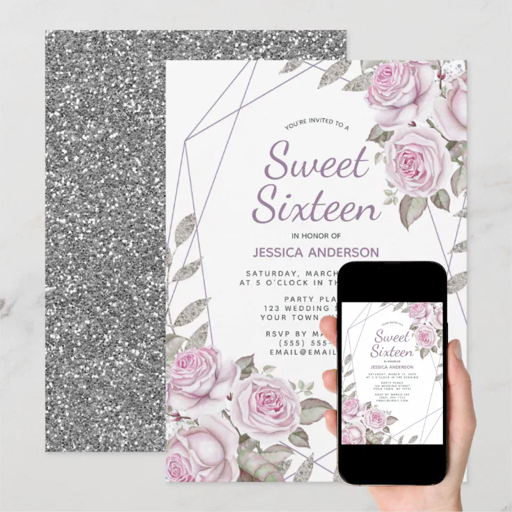 Purple Pink Silver Glitter Geometric Sweet Sixteen Invitation | Zazzle
