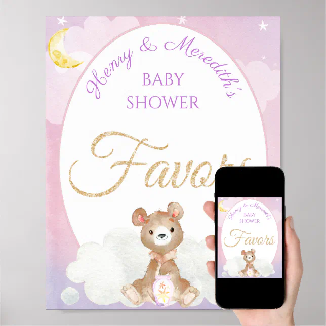 Purple Pink Teddy Bear Girl Baby Shower Favors Poster | Zazzle