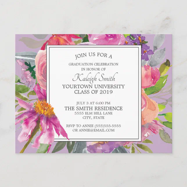 Purple Pink Watercolor Floral Graduation Party Postcard | Zazzle