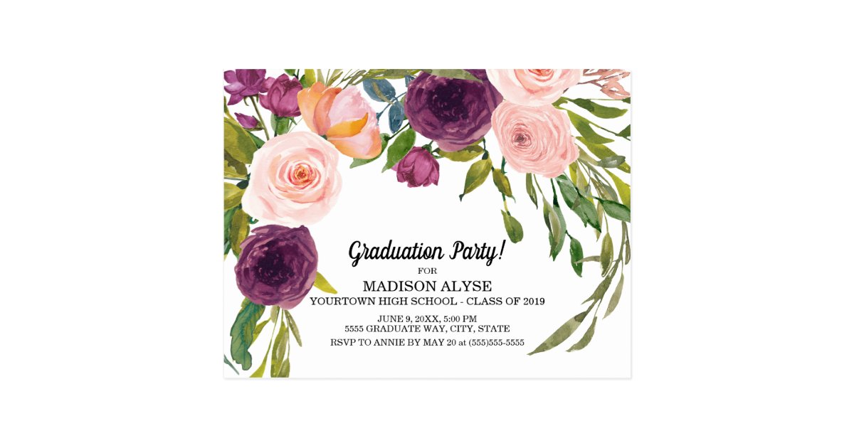 Purple Pink Watercolor Floral White Graduation Postcard | Zazzle.com