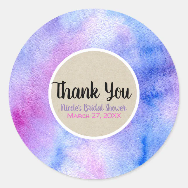 Purple Pink Watercolor Funky Bold Colorful Favor Classic Round Sticker ...