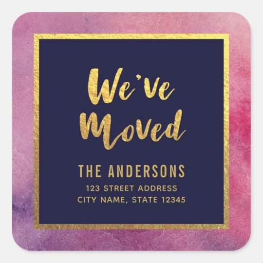 Purple Pink Watercolor Gold We've Moved Address Square Sticker | Zazzle