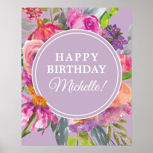 Purple Pink Watercolor Wildflowers Happy Birthday Poster | Zazzle