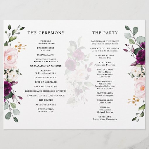 Purple Plum Blush Pink Roses Wedding Program | Zazzle