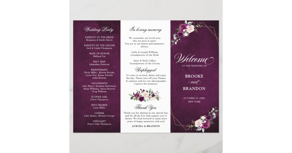 Purple Plum Blush Rose Trifold Wedding Program | Zazzle