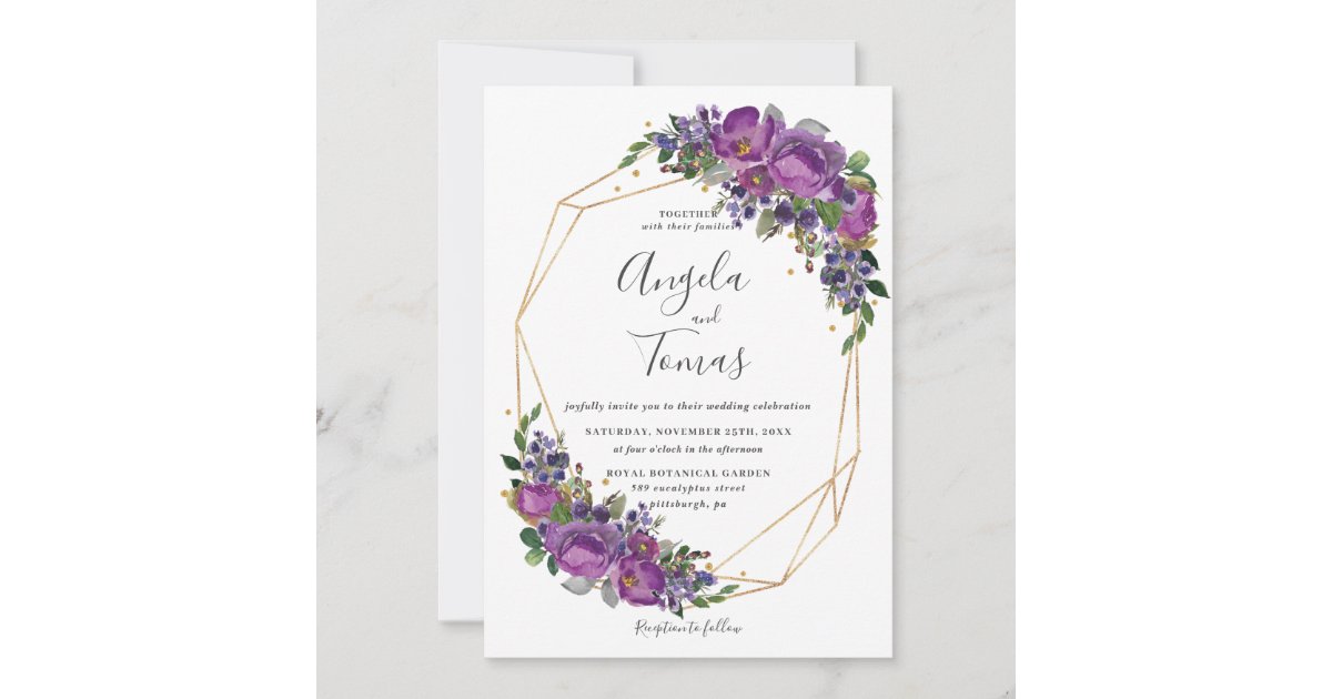 Purple Plum Floral Wedding Geometric Gold Frame Invitation | Zazzle
