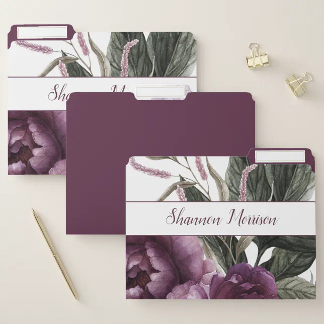 Purple Plum Pink Peonies Greenery Monogram File Folder | Zazzle