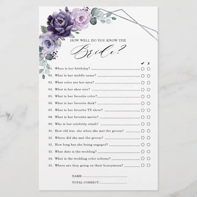 Purple Plum Silver Floral Bloom Bridal Shower Game | Zazzle