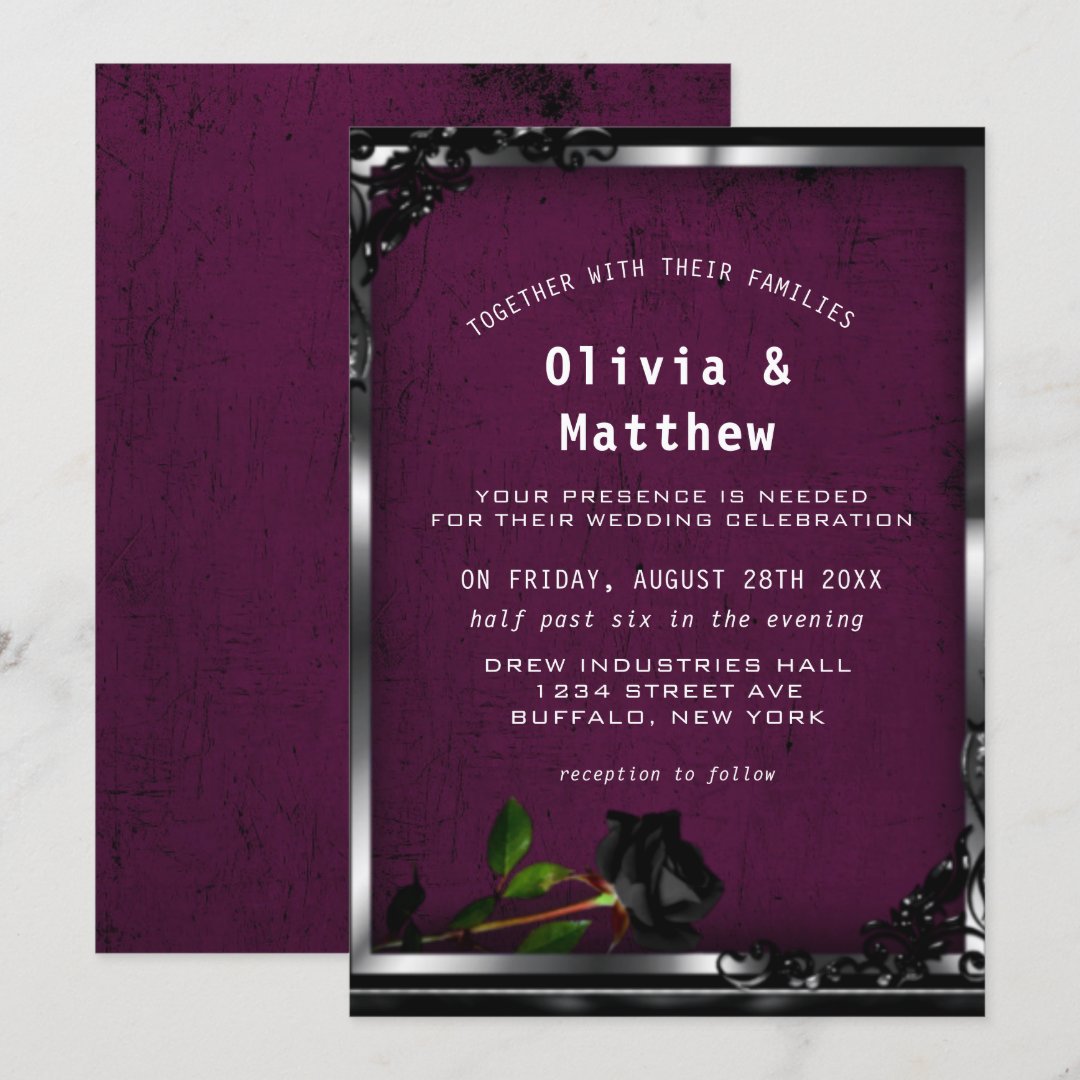Purple Plum Tapestry and Black Rose Gothic Wedding Invitation | Zazzle