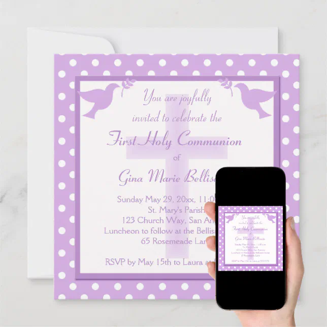 Purple Polka Dot First Holy Communion Invitation | Zazzle