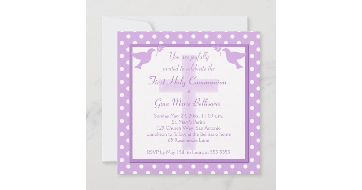 Purple Polka Dot First Holy Communion Invitation | Zazzle