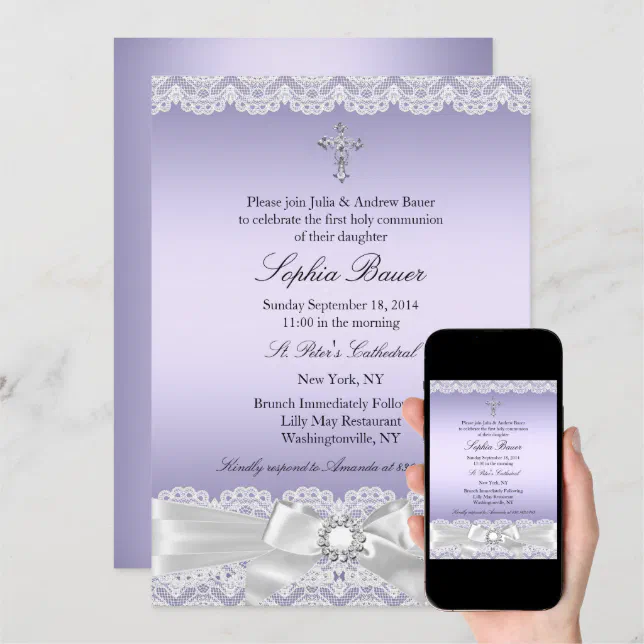 Purple Pretty Bow Cross Holy Communion Invitation | Zazzle