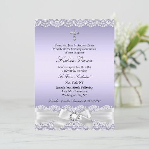 Purple Pretty Bow Cross Holy Communion Invitation | Zazzle