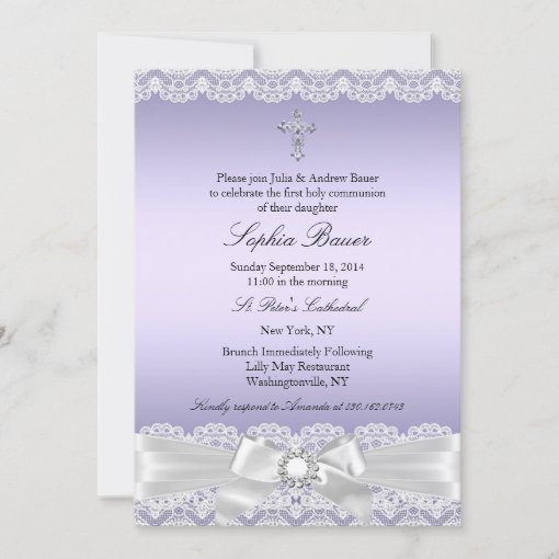 Purple Pretty Bow Cross Holy Communion Invitation | Zazzle
