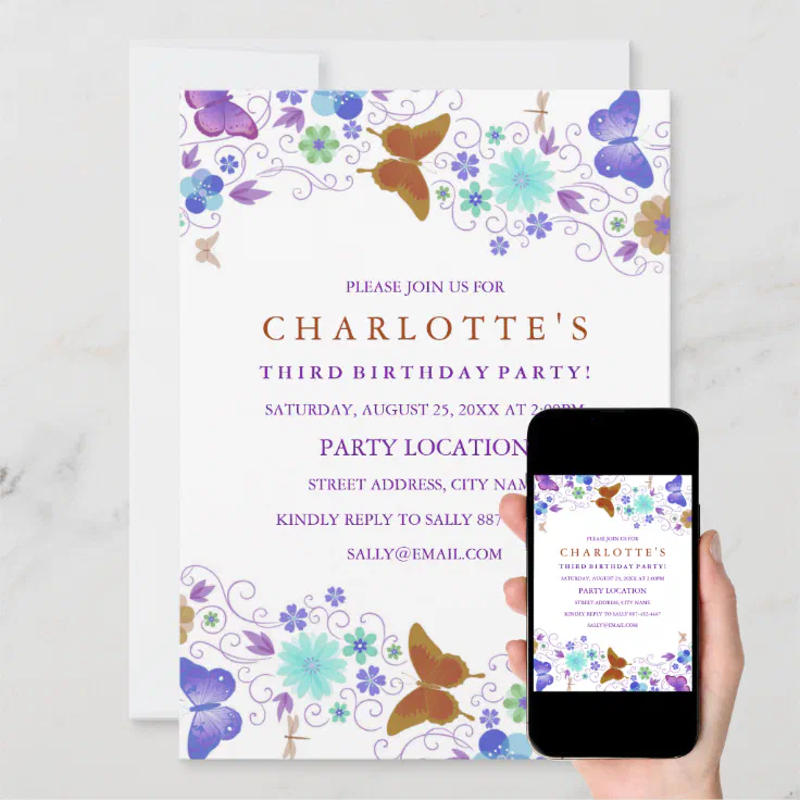 Purple Pretty Butterfly| Birthday Invitation | Zazzle