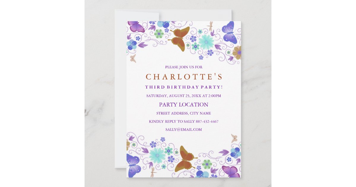 Purple Pretty Butterfly | Birthday Invitation | Zazzle