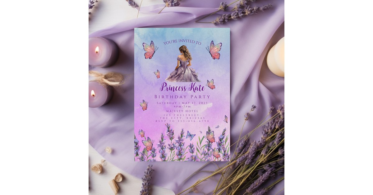 Purple Princess Butterflies Birthday Invitation | Zazzle
