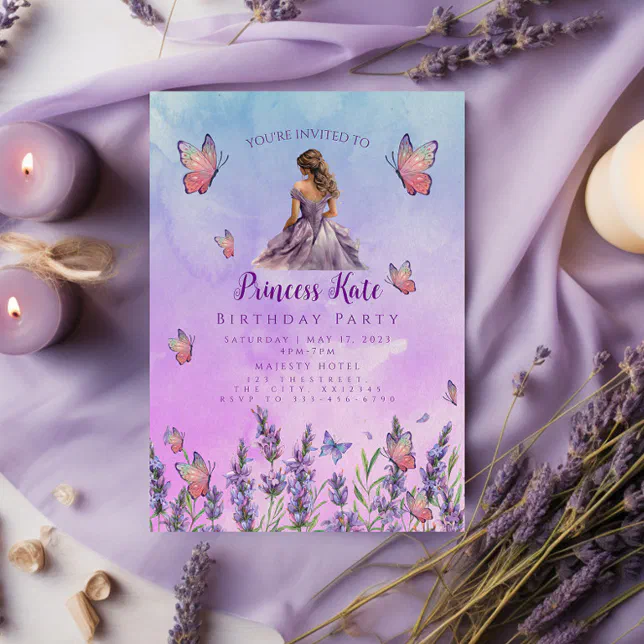 Purple Princess Butterflies Birthday Invitation | Zazzle