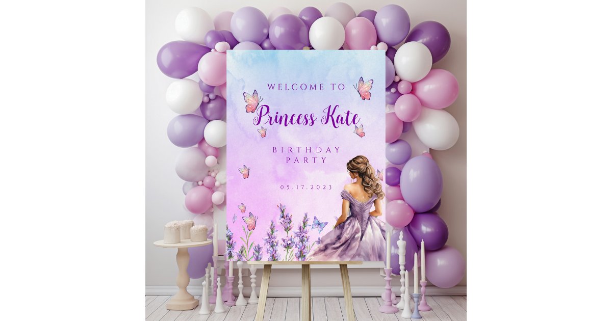 Purple Princess Butterflies Birthday Welcome Sign | Zazzle