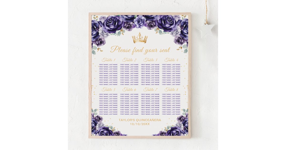 Purple Princess Quinceañera 8 Tables Seating Chart | Zazzle