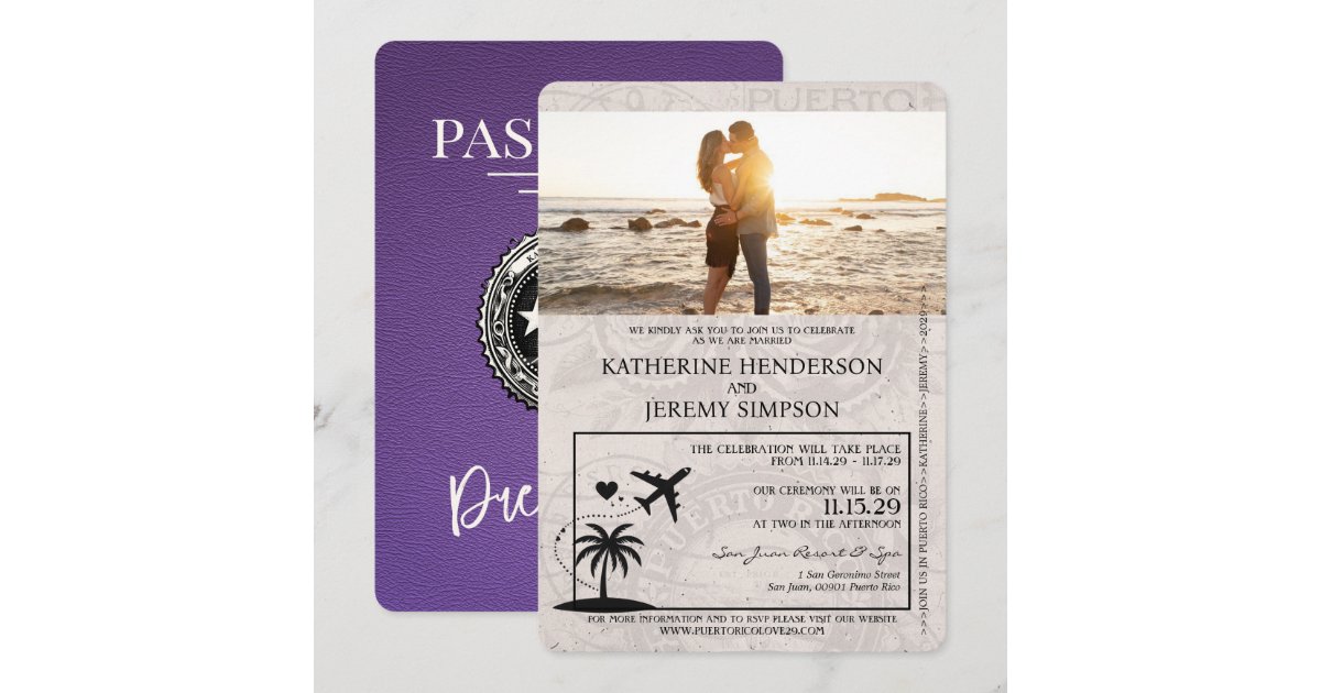 Purple Puerto Rico Passport Wedding Invitation | Zazzle
