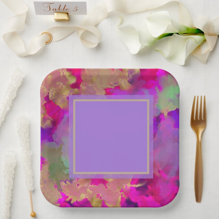 Purple, purple and gold marble paper plates | Zazzle